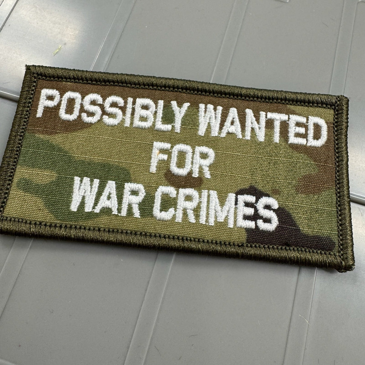 As Seen on Socials - Possibly Wanted For War Crimes - 2x4 Patch - Mult – WETSU Company